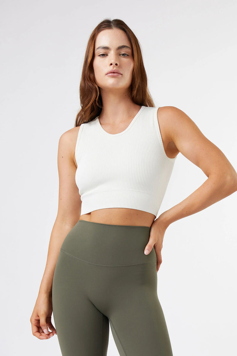 Women's Seamless Ribbed Sports Tank Crop in Ivory White - MUKI